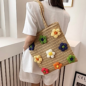 100% Handmade Pom Pom Flowers Straw Tote, Organic Knitted Flowers Womens Bag (Light beige)