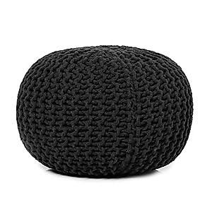 REDEARTH Round Pouf Foot Stool Ottoman - Hand Knitted Bean Bag - Cord Boho Pouffe - Cable Poof Footrest for Living Room - Nursery - Bedroom - Patio - 100% Cotton - Home Decor (19" x 19" x 14") - Black