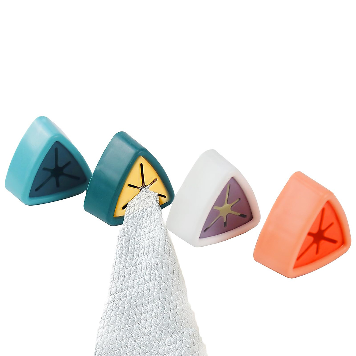 FenGrid 4Pcs Towel Hook Holder Grabber, Drill Free Self Adhesive Push Hooks Firmly, Colorful Dish Towel Holders for Kitchen Bathroom Towel Organization