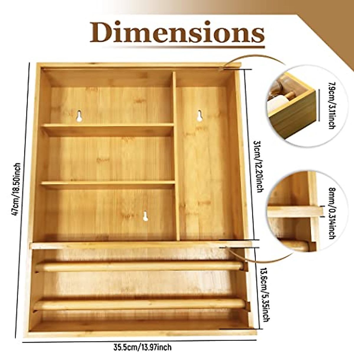 Home Deko BayMax Bamboo 3 in 1 Ziplock Bag Foil and Plastic Wrap Organizer with Cutter for Kitchen Drawer Countertop- Giant Aluminum Saran Dispenser, Large Gallon Snack Bags Storage, Tin Holder