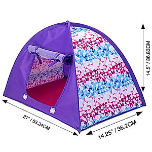 Sophia's Pop-Up Camping Tent with Roll Up Mesh Fabric Door and Geometric Print Sleeping Bag Set Sized for One 18" Doll, Purple/Pink