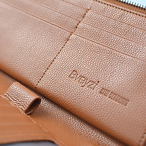 Bveyzi Women RFID Blocking Wallet Leather Zip Around Phone Clutch Large Capacity Ladies Travel Purse Wristlet (Brown)