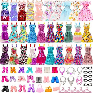 52 Pcs Fashion Doll Clothes and Accessories for 11.5 Inch Girl Doll Include 16 Pcs Mini Floral Sequin Dresses 36 Different Accessories Shoes, Handbags, Glasses, Necklace Accessories for Gril Doll