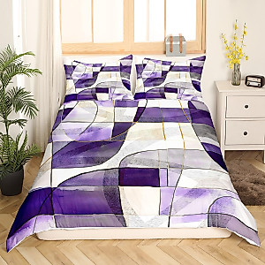 Feelyou Geometric Abstract Bedding Set Queen Size Kids Purple Marble Pattern Comforter Cover Set for Boys Girls Teens Rectangle Square Duvet Cover Modern Art Bedspread Cover Room Decor Quilt Cover
