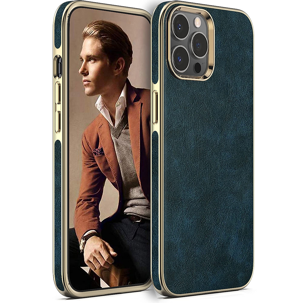 LOHASIC for iPhone 13 Pro Max Leather Case, Slim Luxury Business PU Non-Slip Grip Shockproof Bumper Full Body Protective Cover Men Phone Cases for iPhone 13 Pro Max 6.7" (2021) - Vintage Blue