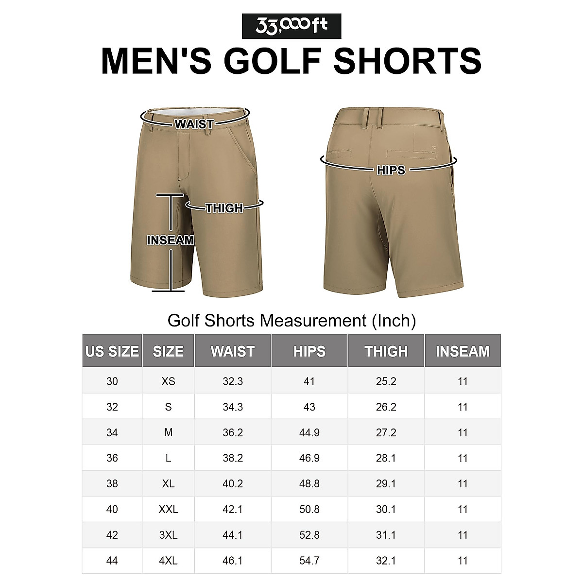33,000ft Men's Golf Shorts Dry Fit, Lightweight Quick Dry Golf Stretch Shorts with Pockets 11" Inseam for Travel Casual