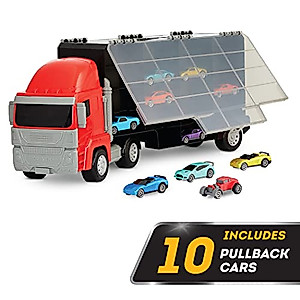 Driven by Battat – Toy Truck Car Carrier — Truck Toy with 34 Storage Space – 10 Pull Back Cars Included – Detachable Trailer – Gift Toy Car for Boys & Girls & Toddlers Aged 3+