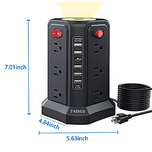 Surge Protector Power Strip Tower with 5 USB Ports and Night Light, 10FT Extension Cord with 12 AC Multiple Outlets, PASSUS Power Tower, Overload Protection for Home Office Dorm Room (Black)