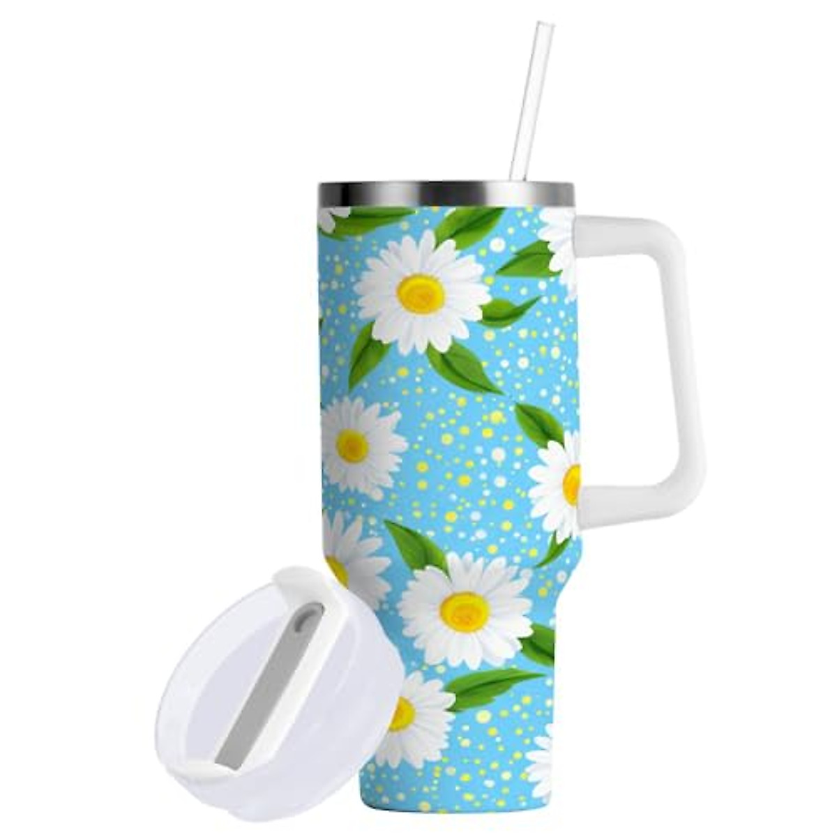 RPLIFE White Daisies Yellow Light Blue 40 Oz Tumbler, Stainless Steel Tumbler with Straw, Travel Coffee Tumbler