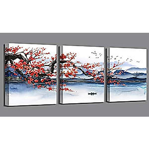 Canvas Art Wall Decor for Bedroom 3 Pieces Framed Wall Art Modern Wall Decor for Bathroom Mountain Lake Plum Blossom Theme Art Prints Modern Wall Art Artwork for Kitchen Home Walls 12x16 Each Panel