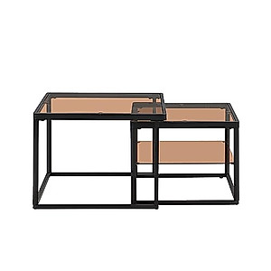 Modern Nested Coffee Table Set with High-Low Combination Design,Adjustable 2 Tier Living Room Center Table and end Table with Metal Frame and Brown Tempered Glass. (Black~Metal Frame)