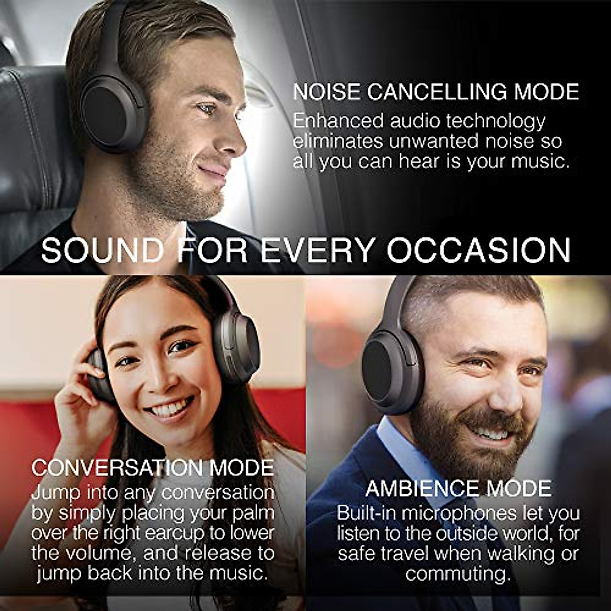 Brookstone AirPhones Pro Wireless Over Ear Headphones, Active Noise Cancelling TWS Bluetooth Headphones, 30H Playtime, Deep Bass, High-Res Audio, Touch Controls, Comfort Ear-Cups, Portable, Black