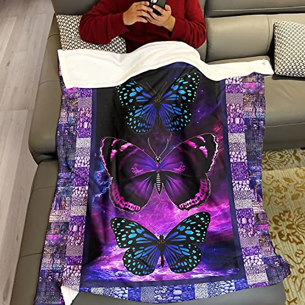 YISUMEI Purple Butterfly Blanket, Fantasy Starry Sky Lightning Rivers Mixed with Pebble Rock Border, Lightweight and Comfort, 50"x60"