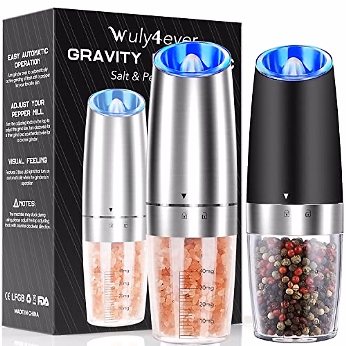 Gravity Electric Salt and Pepper Grinder Set, Automatic Pepper and Salt Mills, One Hand Operation, Adjustable Coarseness, Battery Powered with LED Light, Utility Brush, Stainless Steel 2 Pack, Gifts