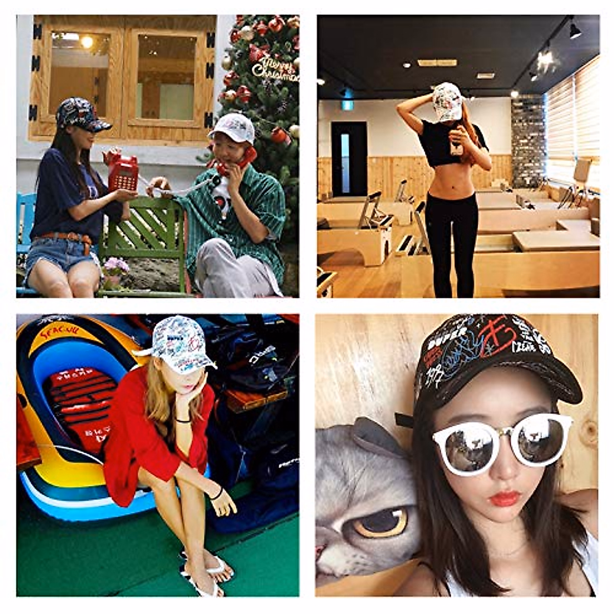 Flipper Designer Graffiti Doodle Cotton Baseball Cap for Men Women, Kpop Hat w/Curve Brim (White/Multi, Free Size)