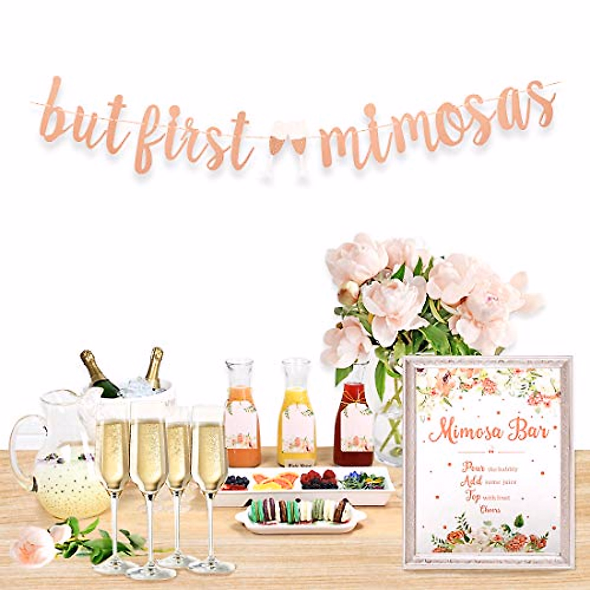 Aonor Rose Gold Mimosa Bar Bridal Shower Decorations Supplies – Glittery But First Mimosas Banner and Tissue Paper Tassels Garland for Wedding Baby Shower Party Bar Sign Decorations