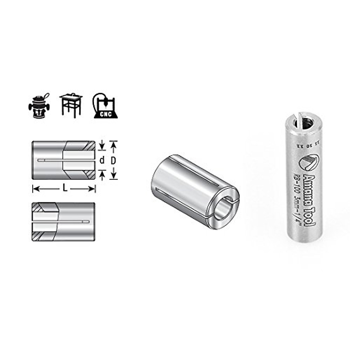 Amana Tool - RB-102 High Precision Steel Router Collet Reducer 1/4 Overall Dia x 1/8 Inner