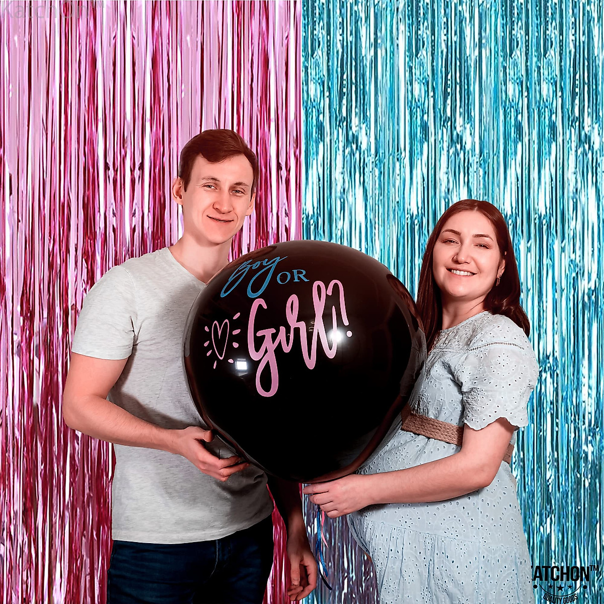 KatchOn, Large Pink and Blue Foil Fringe - 6.4x8 Feet, Pack of 2 | Girl or Boy Gender Reveal Decorations | Pink and Blue Fringe, Boy or Girl Backdrop | Gender Reveal Backdrop for Gender Reveal D√©cor