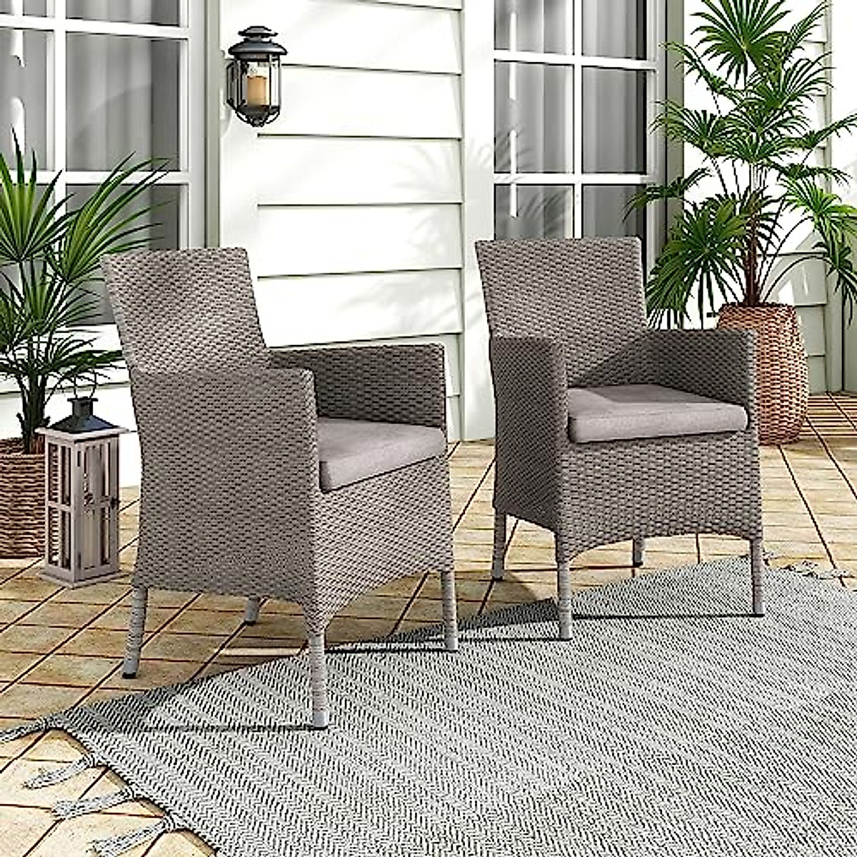 Muse & Lounge Co. Pecos Transitional Metal and All-Weather Wicker Patio Armchairs with Cushion, Set of 2 for Outdoor, Poolside, Garden, Yard, Gray