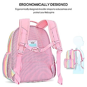 mibasies Girls Backpack for School, Kids Backpack School Bag for Elementary Age 5-8, Pink Blue Rainbow