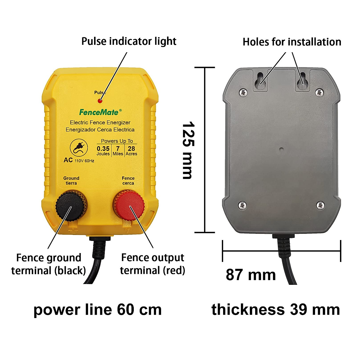FenceMate AC Powered Electric Fence Charger Output 0.35J up to 7 Miles, Fence Energizer up to 7 kV to Contain Pet, Poultry, Keep Rodent & Nuisance Animals Out, Used in Homestead, Garden, Pond, Orchard