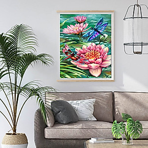 DAICHEL Lotus Diamond Art Painting Kits for Adults - Full Drill Diamond Dots Paintings for Beginners, Dragonfly Round 5D Paint with Diamonds Pictures Gem Art Painting Kits DIY Adult Crafts 12x16inch