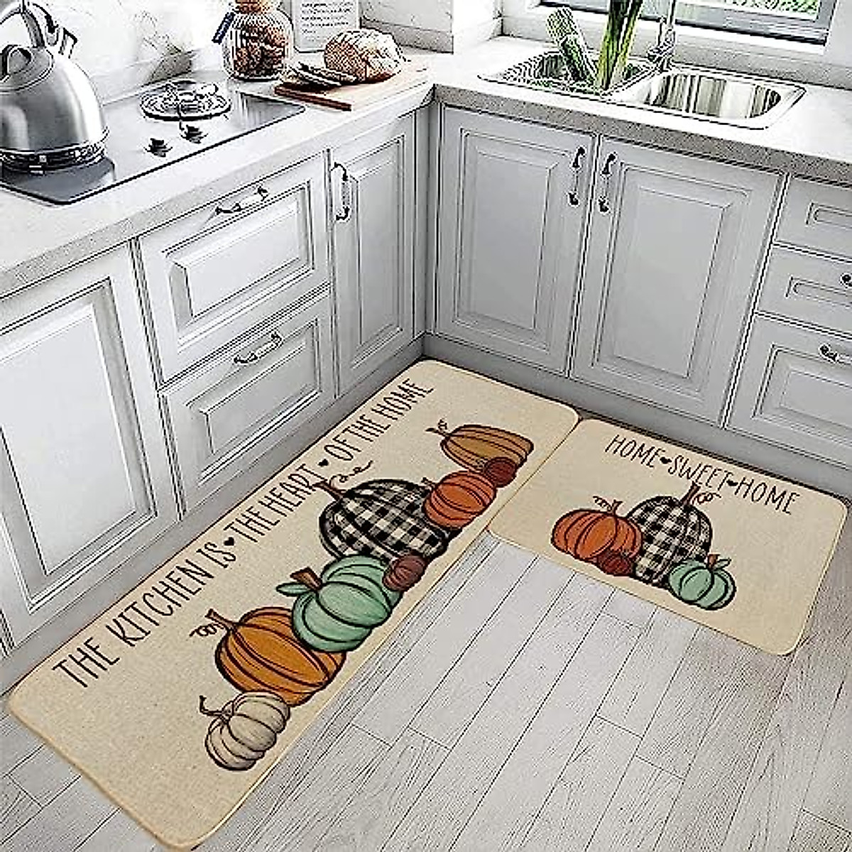 GEEORY Fall Kitchen Mats, Set of 2 Pumpkins Buffalo Plaid Check Floor Mat Farmhouse Party Seasonal Holiday Decorations 17x29 and 17x47 Inch (Black and White) GK067