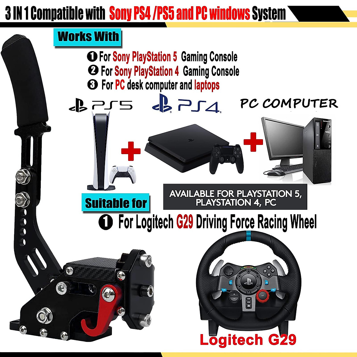 Obokidlyamor 64Bit PC USB Handbrake For 2 IN 1 Compatible with PS4/PS5 Console Controller and PC system; Work on For Logitech G29 Racing Steering wheel (With Clamp & Plate, Black)