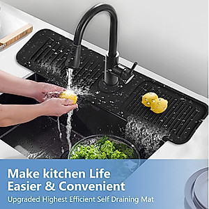 Burfocus Kitchen Sink Splash Guard, Silicone Faucet Handle Drip Catcher Tray Silicone Faucet Mat Kitchen Sponge Holder for Kitchen Sink Accessories Sink Protectors for Kitchen Sink （Black24" x 5.5"）