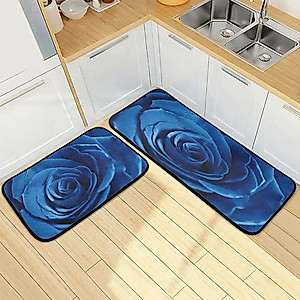 xigua 2 Pieces Elegant Blue Rose Kitchen Rugs and Mats Set Absorbent Soft Microfiber Bath Mat Non-Slip Doormat Laundry Runner Set, 19.7"x47.2"+19.7"x27.6"