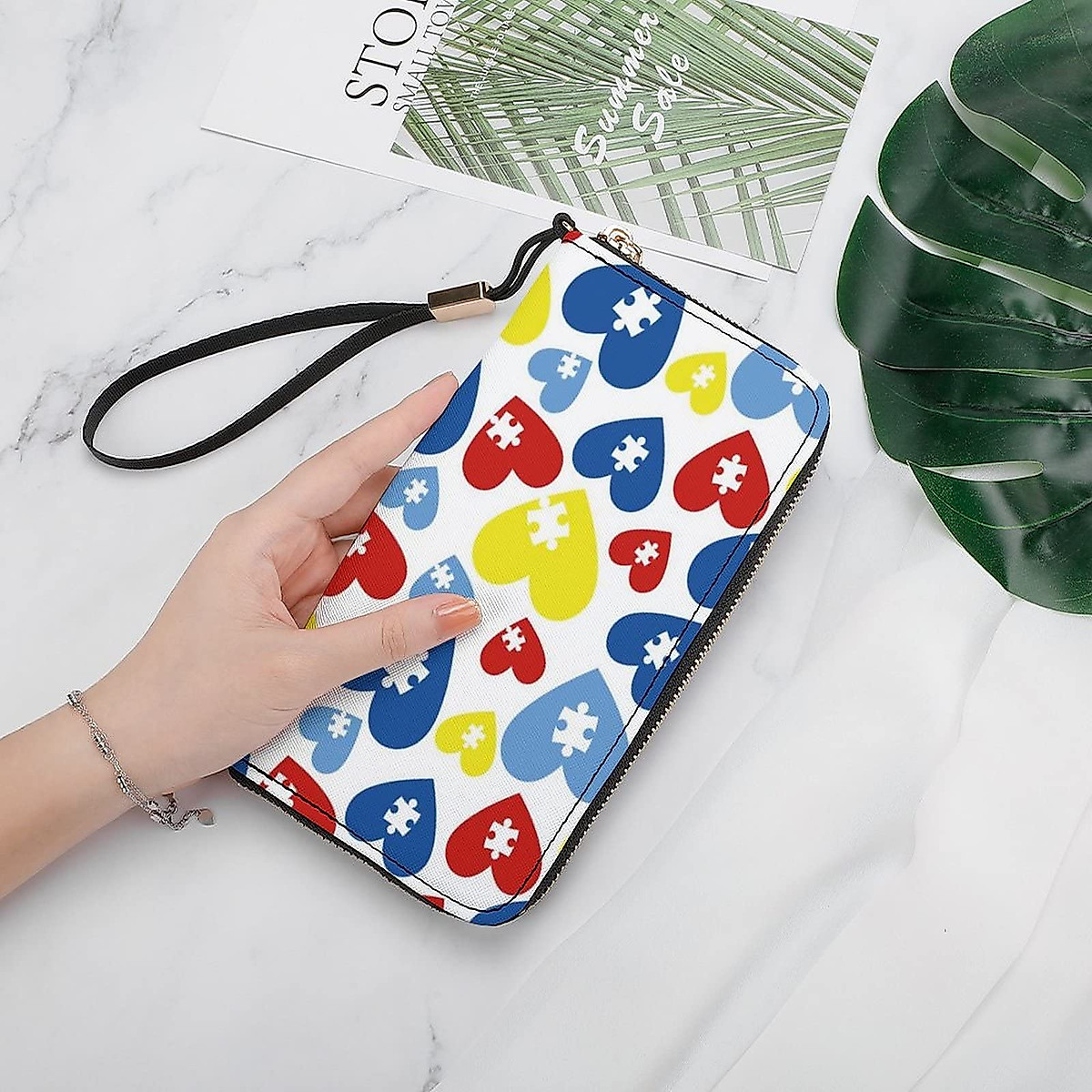 FunnyStar Autism Awareness Pattern Travel Wallet Leather Wristlet Purse Portable Case For Boarding Pass ID Money Tickets With Zipper