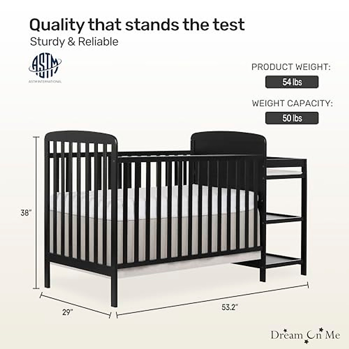 Dream On Me Anna 3-in-1 Full-Size Crib and Changing Table Combo in Black, Greenguard Gold Certified, Non-Toxic Finishes, Includes 1" Changing Pad, Wooden Nursery Furniture