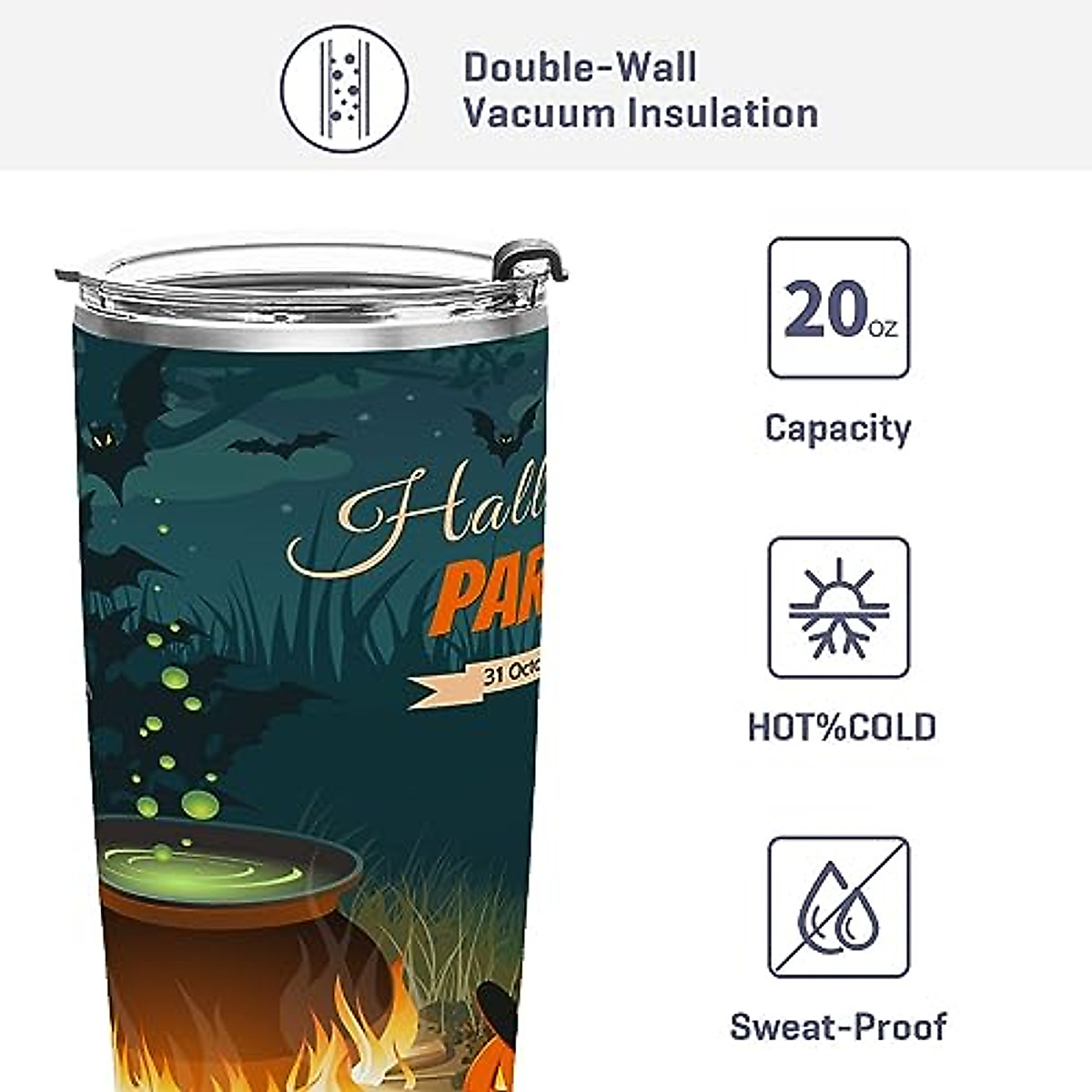 Jihqo Happy Halloween Theme Tumbler with Lid and Straw, Insulated Stainless Steel Tumbler Cup, Double Walled Travel Coffee Mug Thermal Vacuum Cups for Hot & Cold Drinks 20oz