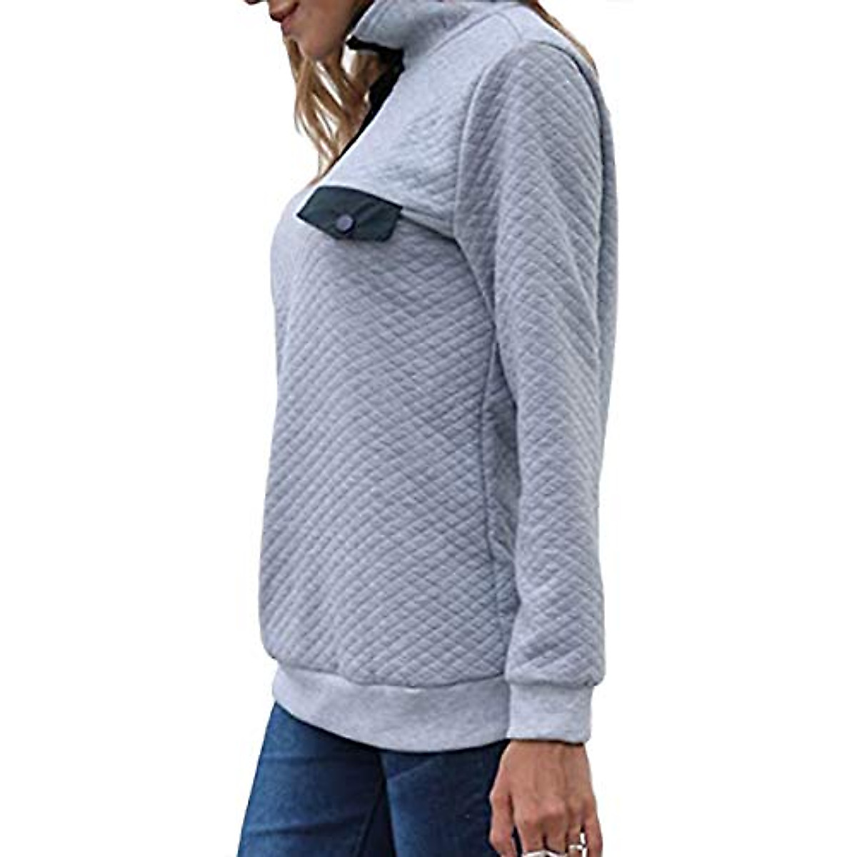 SEBOWEL Women Pullover Sweatshirt Jacket Colorblock Long Sleeve Button Quilted Sweatshirt Jumper Blouse Top, Light Blue, XL