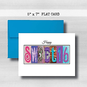 Sweet 16 Happy Birthday Card, 5" x 7" FLAT CARD, Personalized Greeting Cards