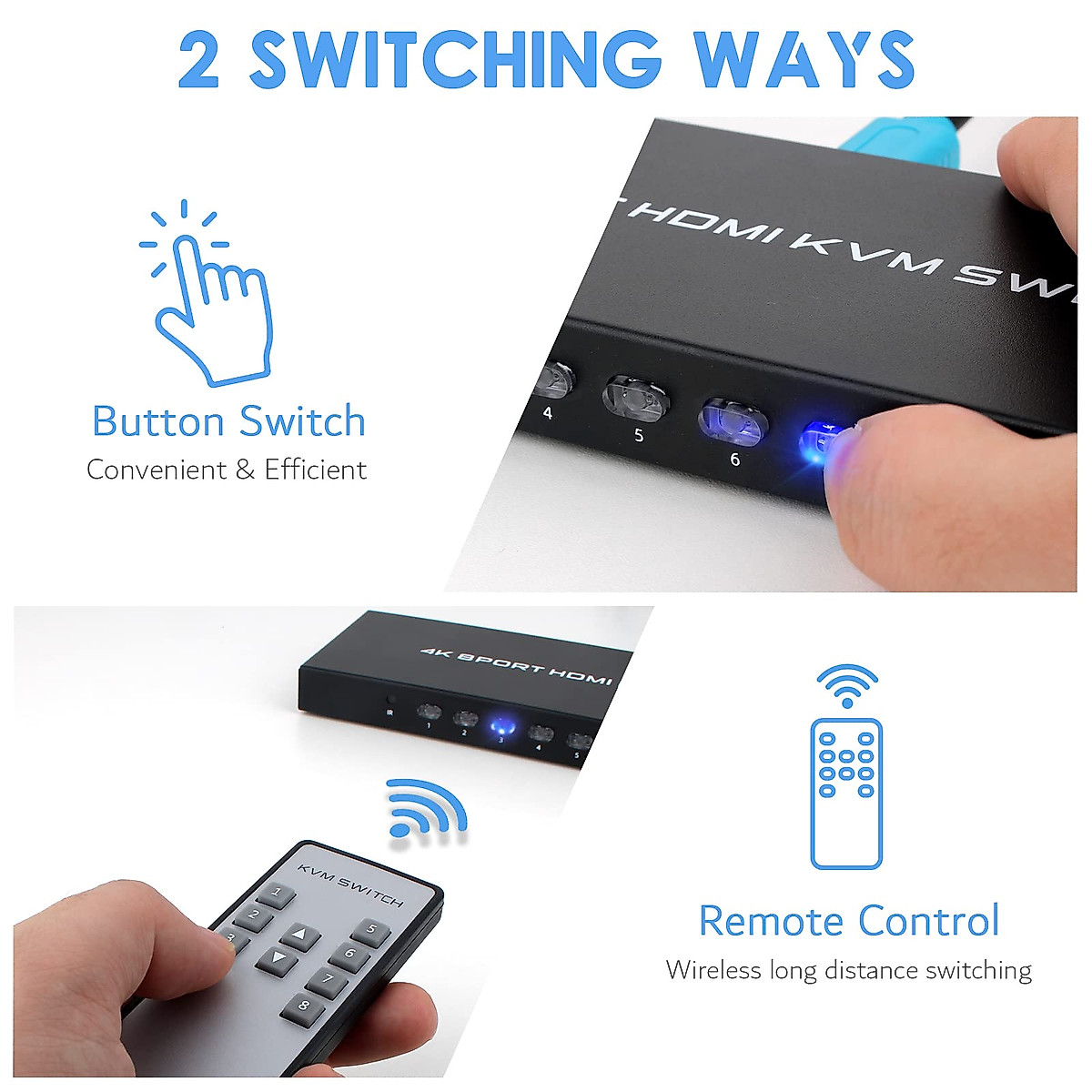 4K KVM Switch 8 Port, HDMI USB Switch for 8 Computers Share 4K@30Hz HD Monitor and 4 USB Devices, with IR Remote and 8 HDMI&USB KVM Cables