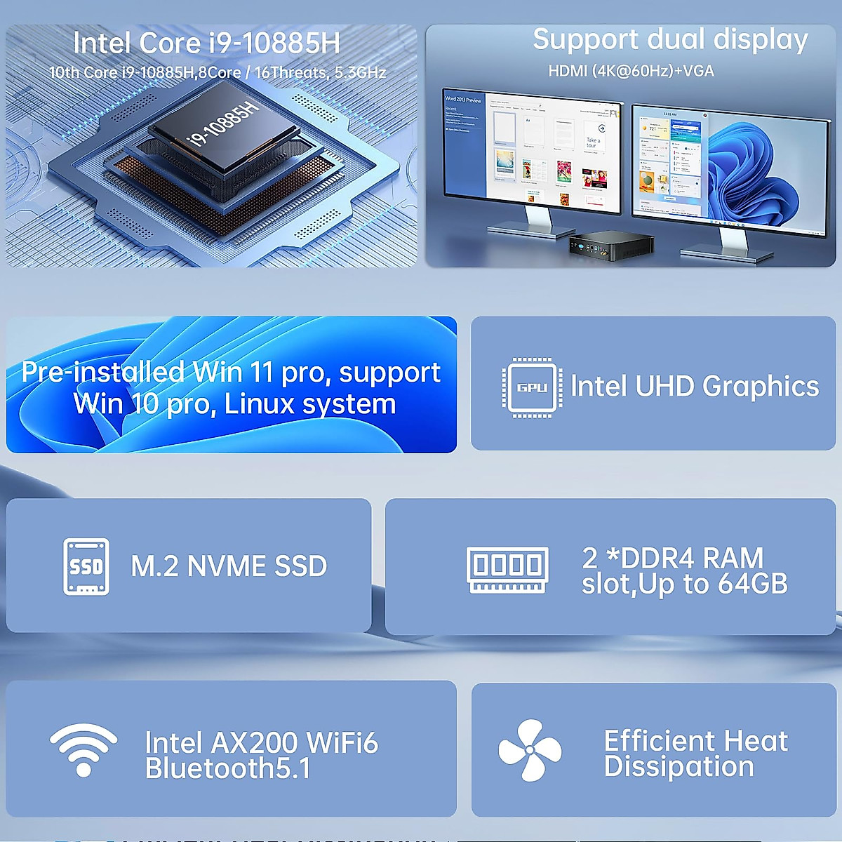 Kinupute Mini PC i9, Desktop Computer i9-10885H 2.4-5.3GHz, Windows 11 Pro, 32G DDR4, 1T NVME SSD, 4K@60Hz HDMI, VGA Port, USB3.0, WiFi6, BT5.1, Gigabit Ethernet for Business/Education/Office/HTPC
