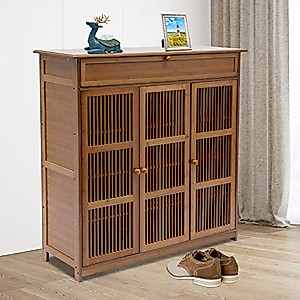 BILPIKOGoo Shoe Storage Cabinet, Bamboo 4 Tier Entryway Shoe Organizer with 1 Drawer & Shutter Door Shoes Organizer Rack for Entryway Hallway Living Room