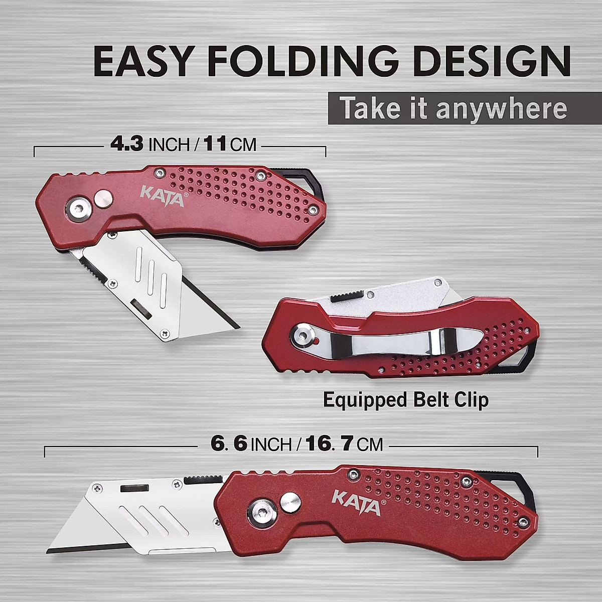 KATA 3-Pack Heavy Duty Box Cutter Folding Utility Knife With Zinc Alloy Body, Quick Change Blades, Lock-Back Design, Extra 12pc Blades For Cartons, Cardboard and Boxes