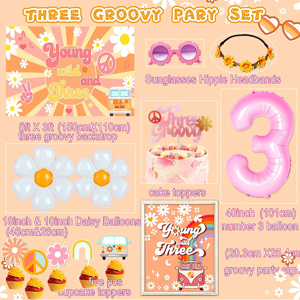 Young Wild and Three Decorations Girl, Three Groovy Birthday Party Decorations,Balloons, Backdrop Cake Topper, Sunglasses for Groovy Birthday Party Decorations, Hippie 3rd Birthday Party Decorations
