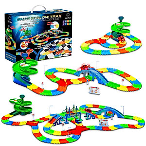 USA Toyz Large Glow Trax Race Tracks for Kids- 380pc Glow in The Dark Race Car Track Set with 360pk Rainbow Flexible Tracks, Roundabout Ramp, Bridges, Ramps, 2 Toy Cars, STEM Toys for Boys and Girls