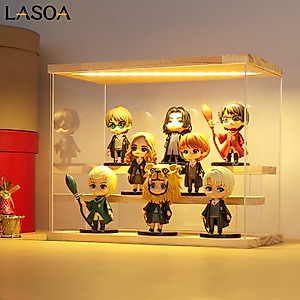 LASOA 3 Tier Acrylic Display Case for Collectibles with LED Light, Display Box with Wood Base and Lid, Self-Assembly Clear Shelf Showcase for Figurine Memorabilia (11.8x6.5x9.4inch;30x16.5x24cm)