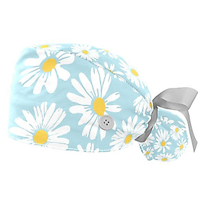 Mersov Little Daisy White Flowers Light Blue Working Cap with Button & Sweatband, 2 Packs Reusable Surgical Surgery Hats Ponytail Holder, Light Blue,white, Medium-3X-Large