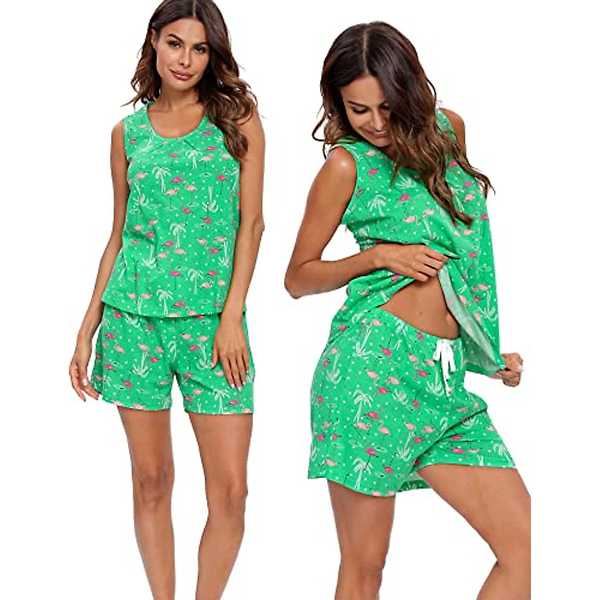 ENJOYNIGHT Pajamas for Women Cute Sleeveless Print Tee and Shorts Sleepwear Tank Top Loungewear Set (Medium, G.Flamingo)