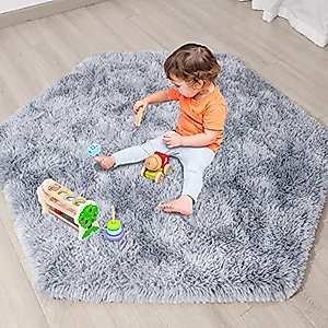 ST. BRIDGE Soft Fluffy Hexagon Rugs for Princess Tent Kids Play Castle, Cute Tie-Dye Grey Washable Rug for Baby Nursery Kids Room Decor, Non-Slip Shag Carpet for Girls Bedroom Playroom,Diameter 4.6 ft