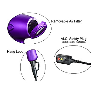 Purple Professional Light Weight Hair Dryer 1875W Tourmaline Ceramic Negative Ionic Blow Dryer with Diffuser & Concentrator & Comb