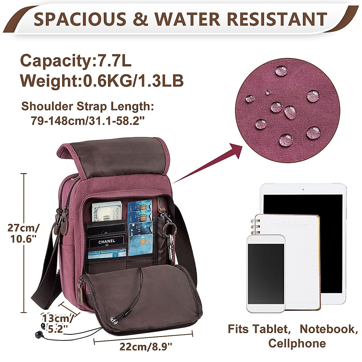 VASCHY Messenger Bag Small, Canvas Water Resistant Crossbody Shoulder Bag Purse for Women/Ladies Burgundy