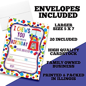 Cute Rainbow Colored Bubble Gum Themed Birthday Party Invitations for Kids, 20 5x7 Fill In Cards with Twenty White Envelopes by AmandaCreation…