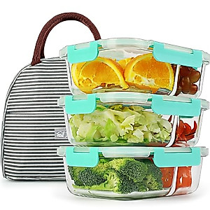 DAS TRUST 3 Pack Food Storage Containers 2 Compartments Glass Meal Prep Containers with Lids for Adult Food Prep Container with Dividers Reusable Lunch Bento Box