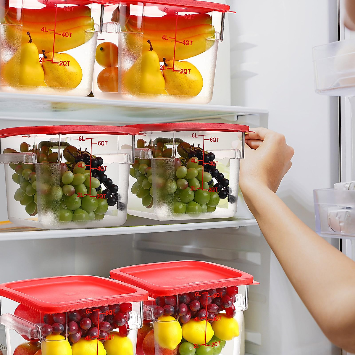 Hsei 6 Sets 6 Quart Commercial Food Storage Containers with Lids and 6 Pcs Plastic Ice Scoop for Freezer Flour Sugar Baking Bread Dog Food Restaurant Kitchen Square(Red)